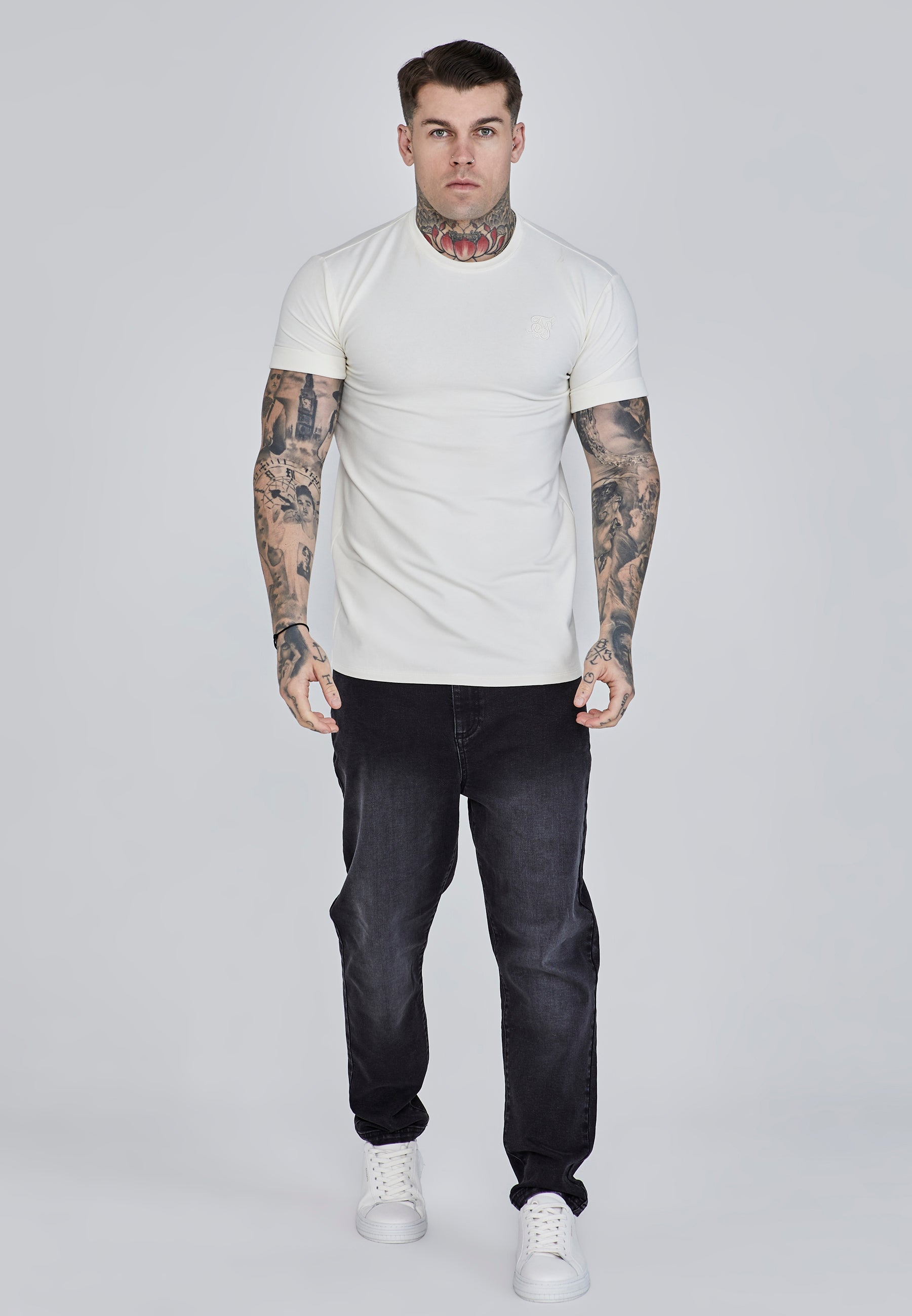 SikSilk Mens Ecru Roll Sleeve T Shirt XL